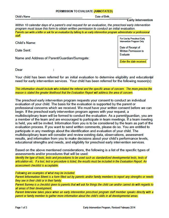 PaTTAN - Permission to Evaluate (Annotated) - Preschool Early Intervention